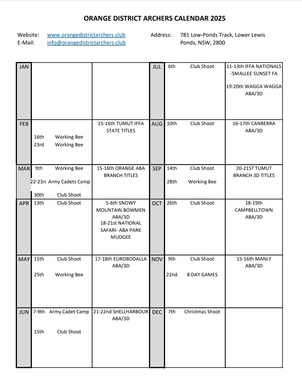 Shoot Calendars – Orange & District Archers